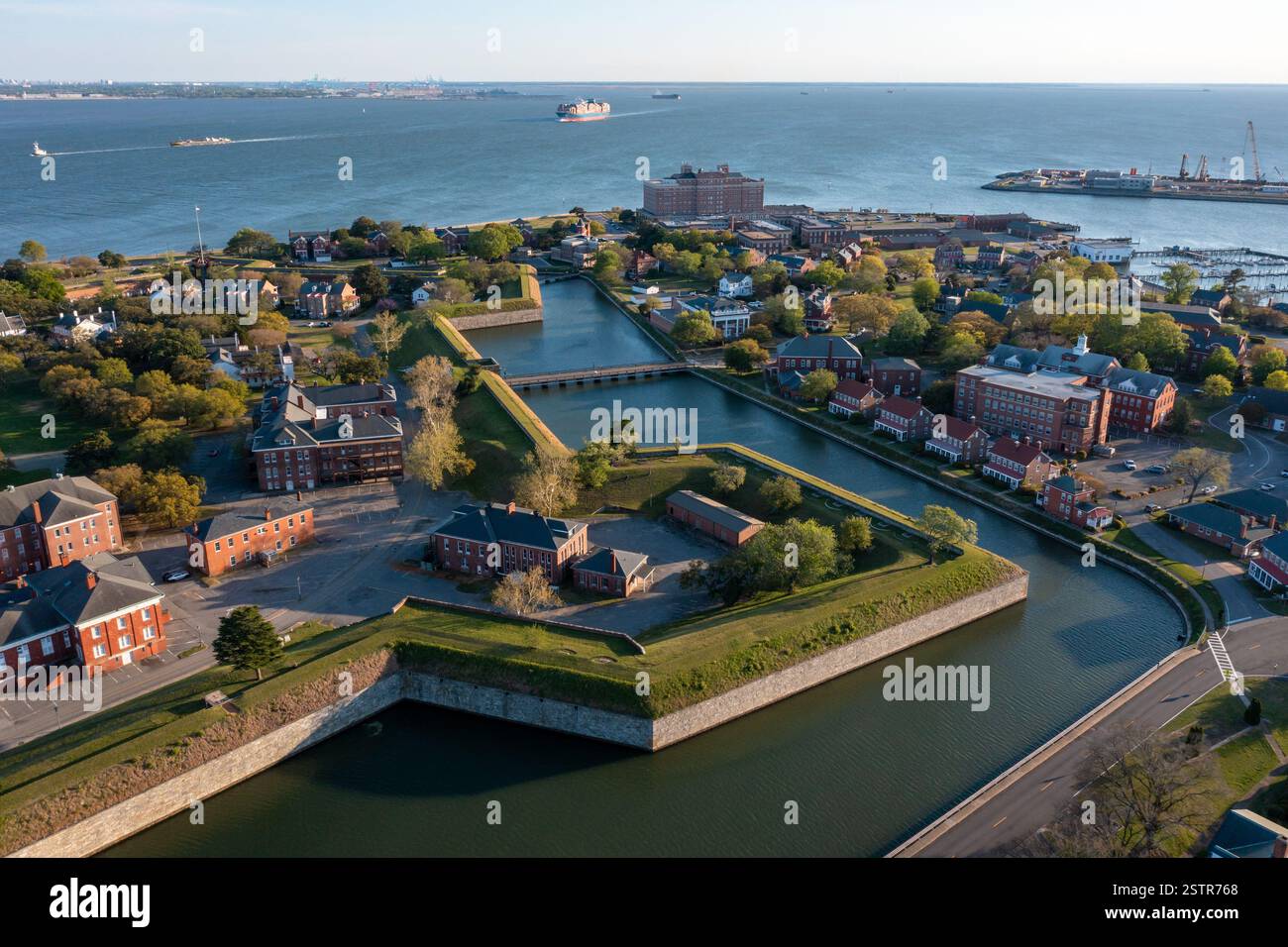 Aerial View of the Fort Monroe National Historic Site looking out ...