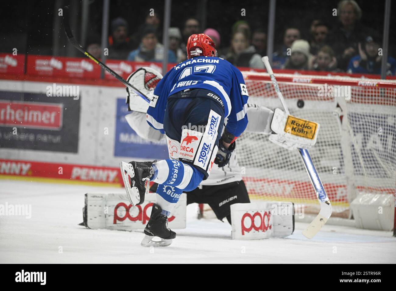 Schwenningen, Deutschland. 19th Feb, 2025. (v.l.n.r.) Alexander Karachun (Schwenninger Wild ...