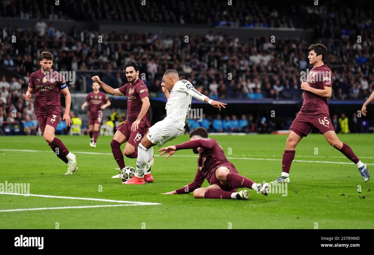 Real Madrid's Kylian Mbappe scores their side's second goal of the game ...