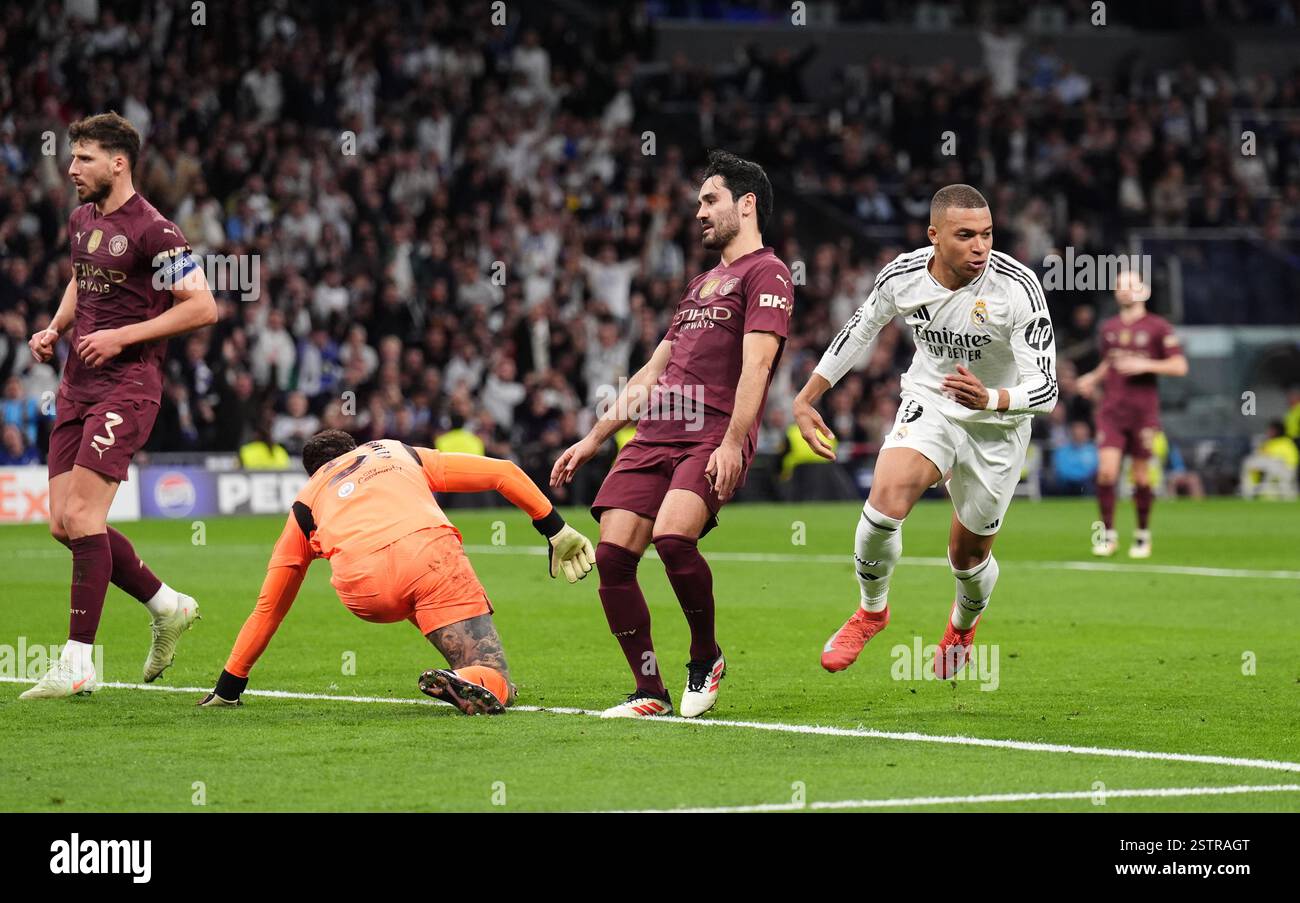 Real Madrid's Kylian Mbappe celebrates scoring their side's second goal ...