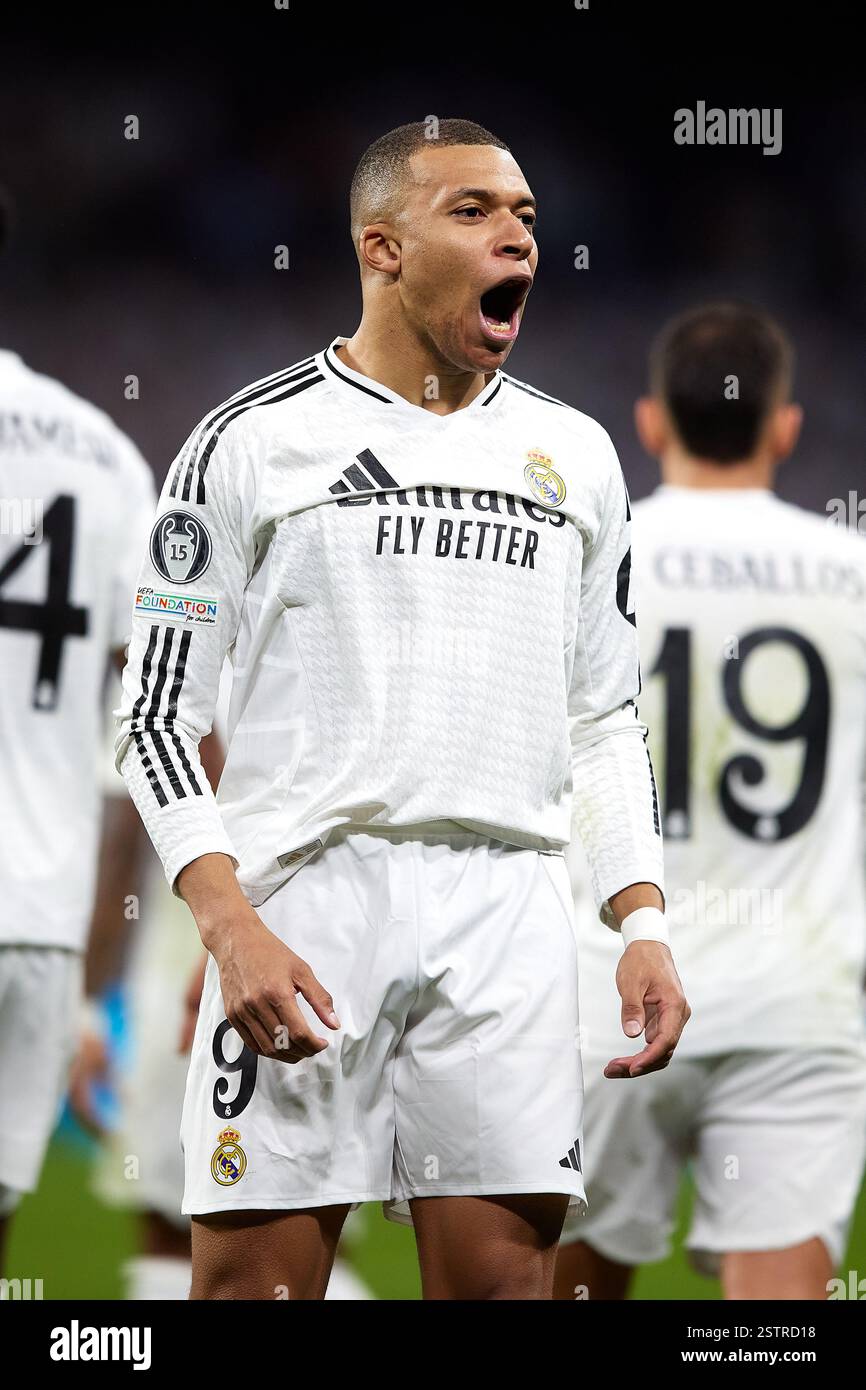 MADRID, SPAIN - FEBRUARY 19: Kylian Mbappe of Real Madrid celebrates ...