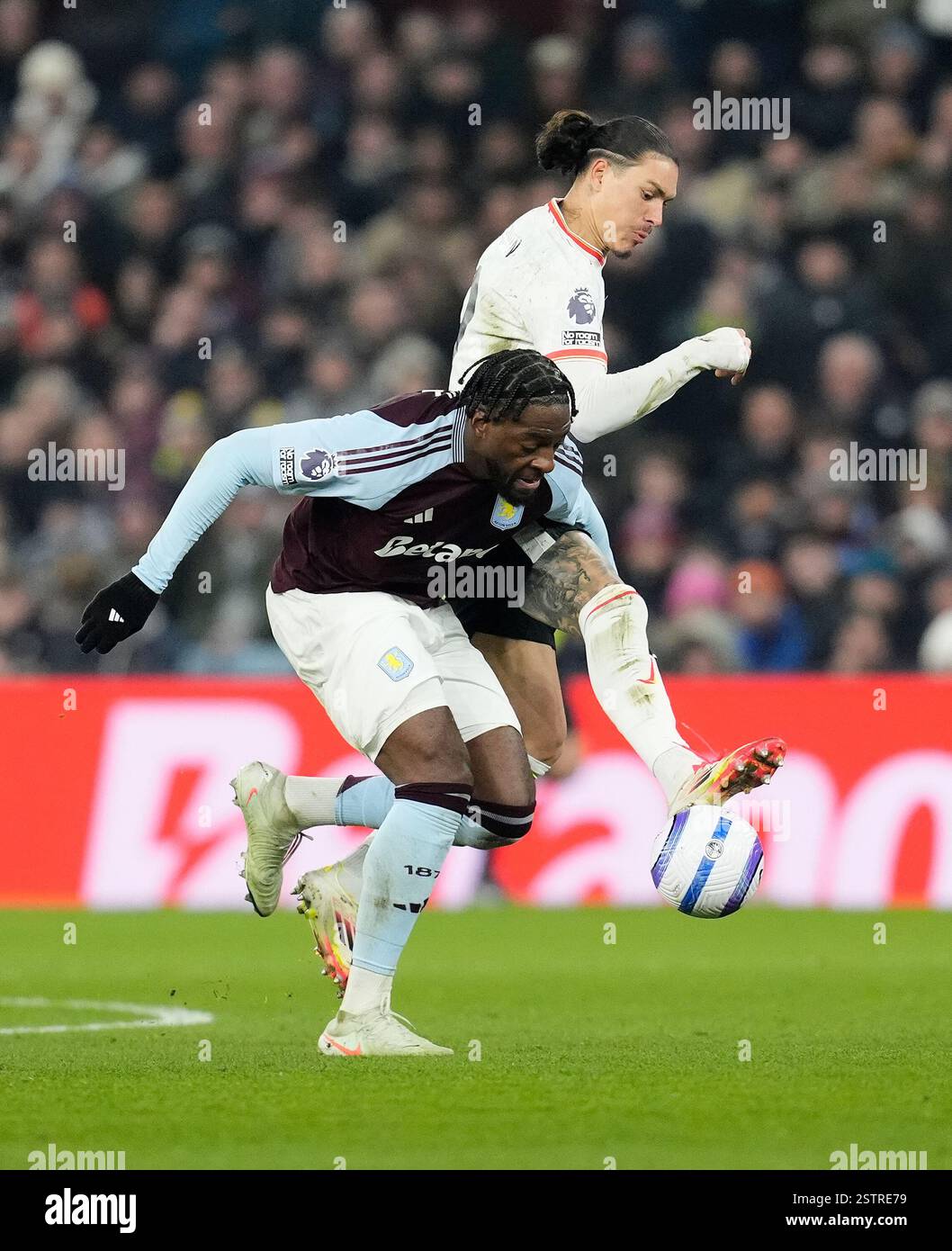 Aston Villa's Axel Disasi (left) and Liverpool's Darwin Nunez battle ...