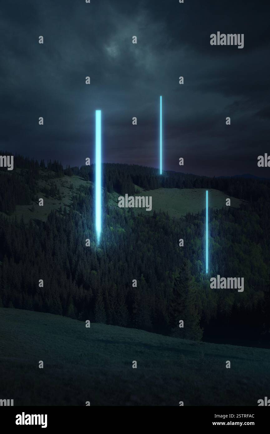 Composite image. Three vertical beams of neon light piercing dense ...