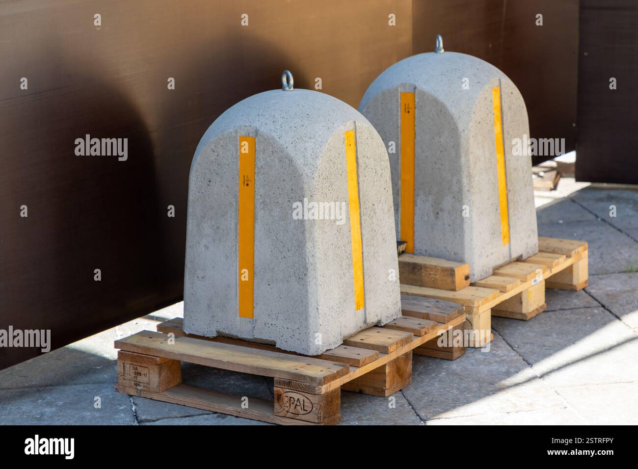 Concrete weights for event tent at transport pallets hi-res stock ...