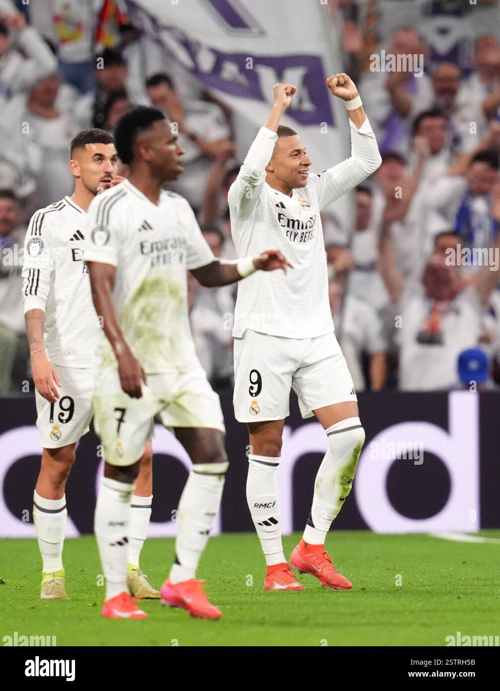 Real Madrid's Kylian Mbappe celebrates scoring their side's third goal ...