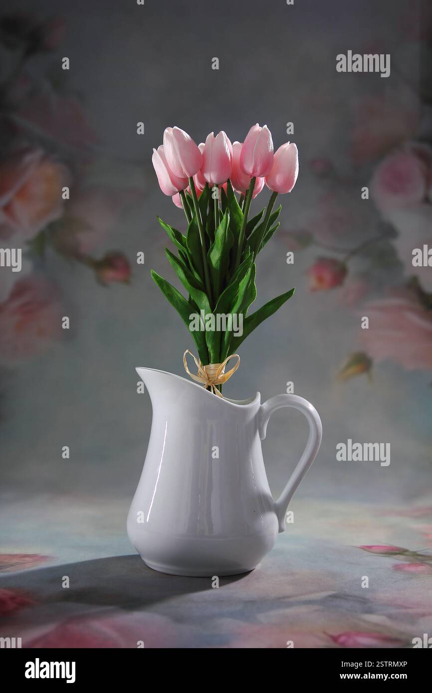 White Pitcher with Spring Tulip Flowers Stock Photo - Alamy