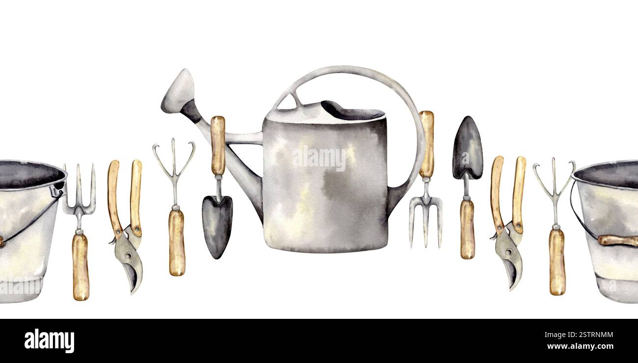 Watercolor seamless border with gardening tools Stock Photo - Alamy