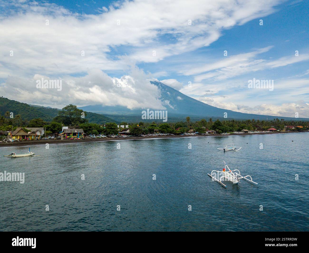 Aerial view of amed beach mount agung volcano in bali hi-res stock ...