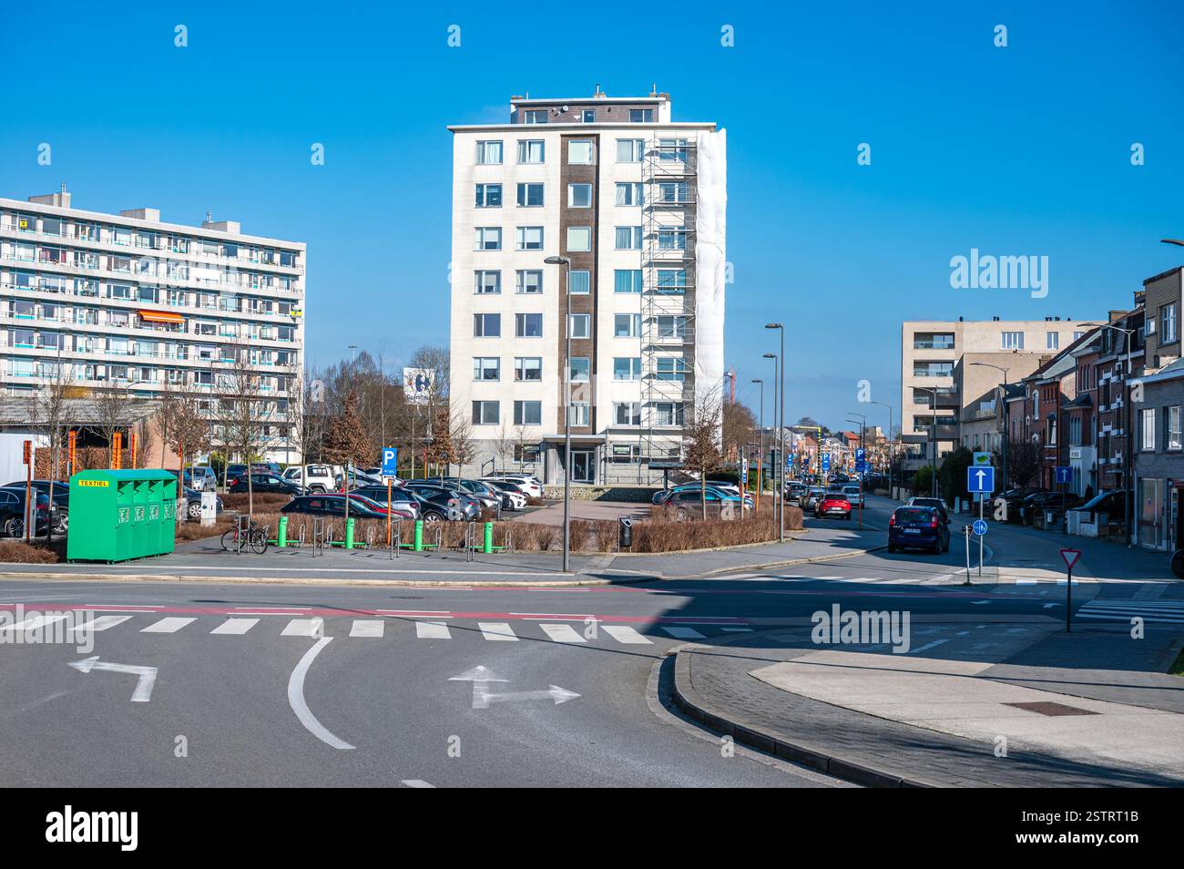 View over the city at the Raeymaeckersvest with a high rise apartment ...