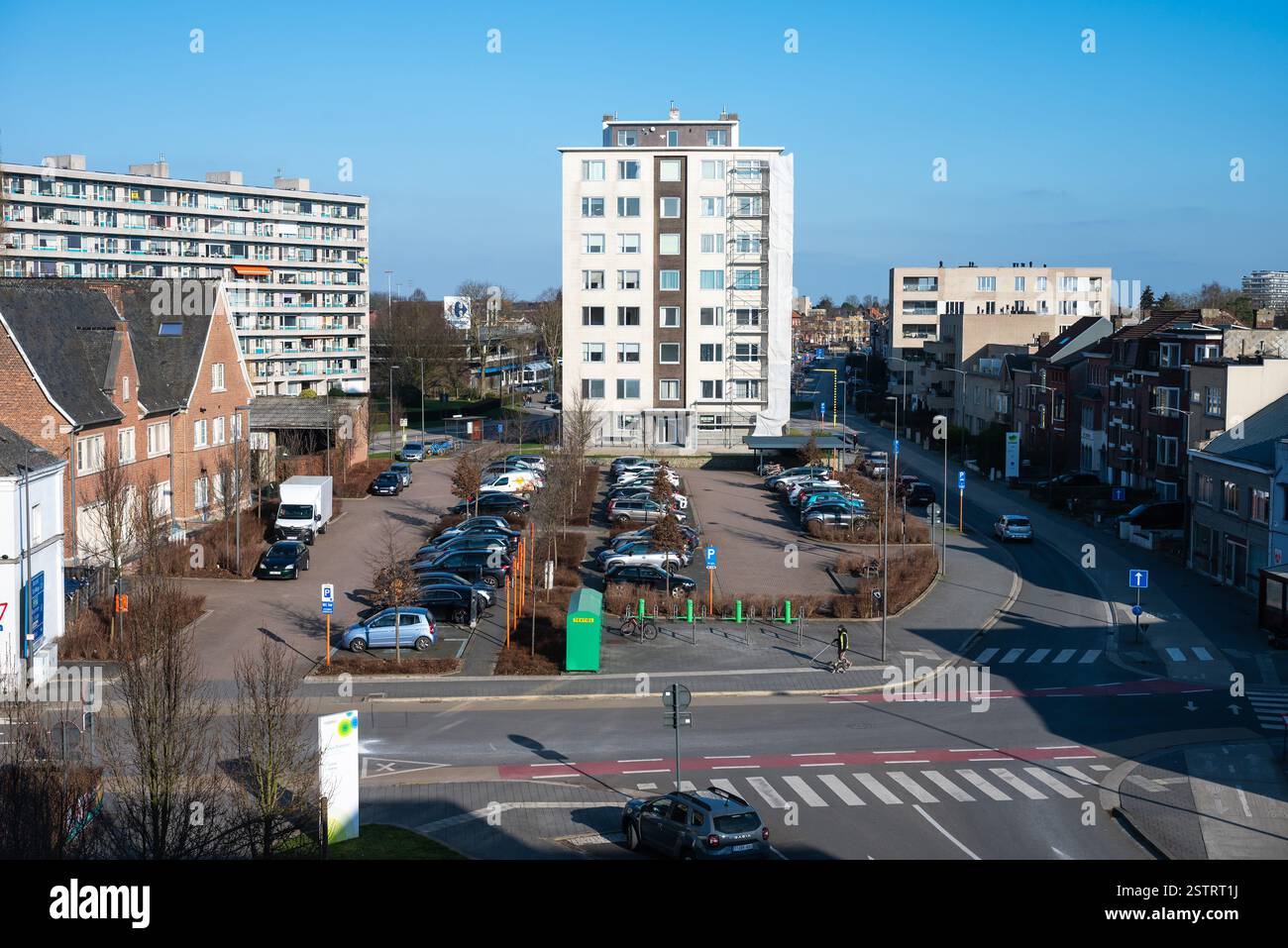 View over the city at the Raeymaeckersvest with a high rise apartment ...