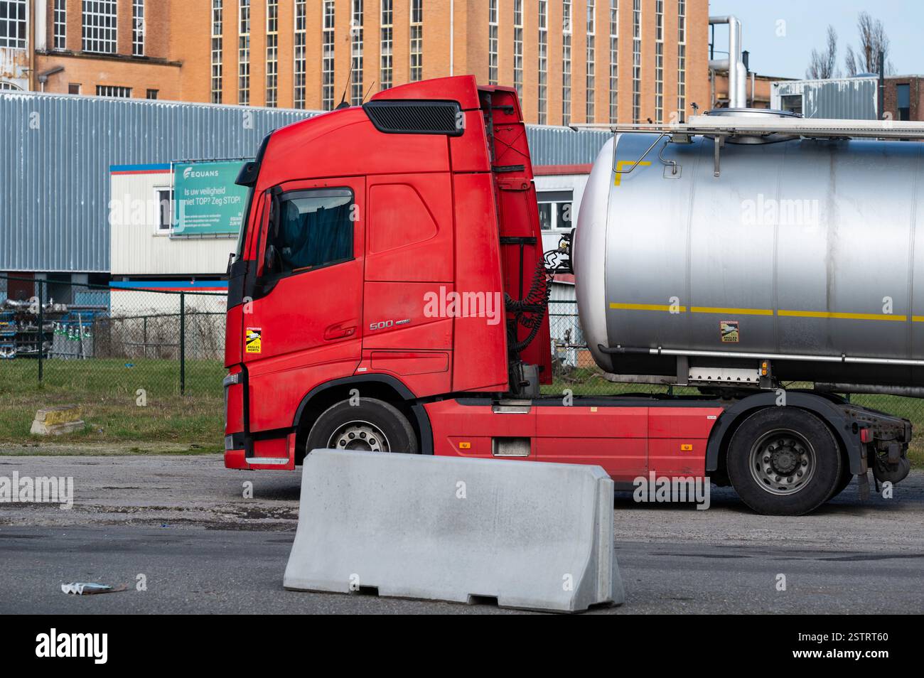 Empty tank container on a truck at the sugar refinery plant of Tienen ...