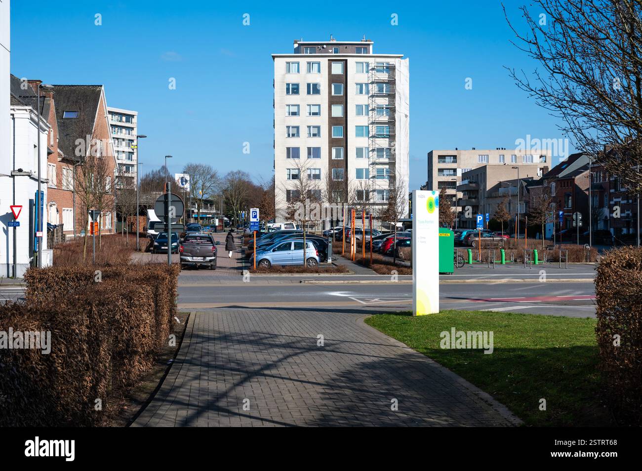 View over the city at the Raeymaeckersvest with a high rise apartment ...