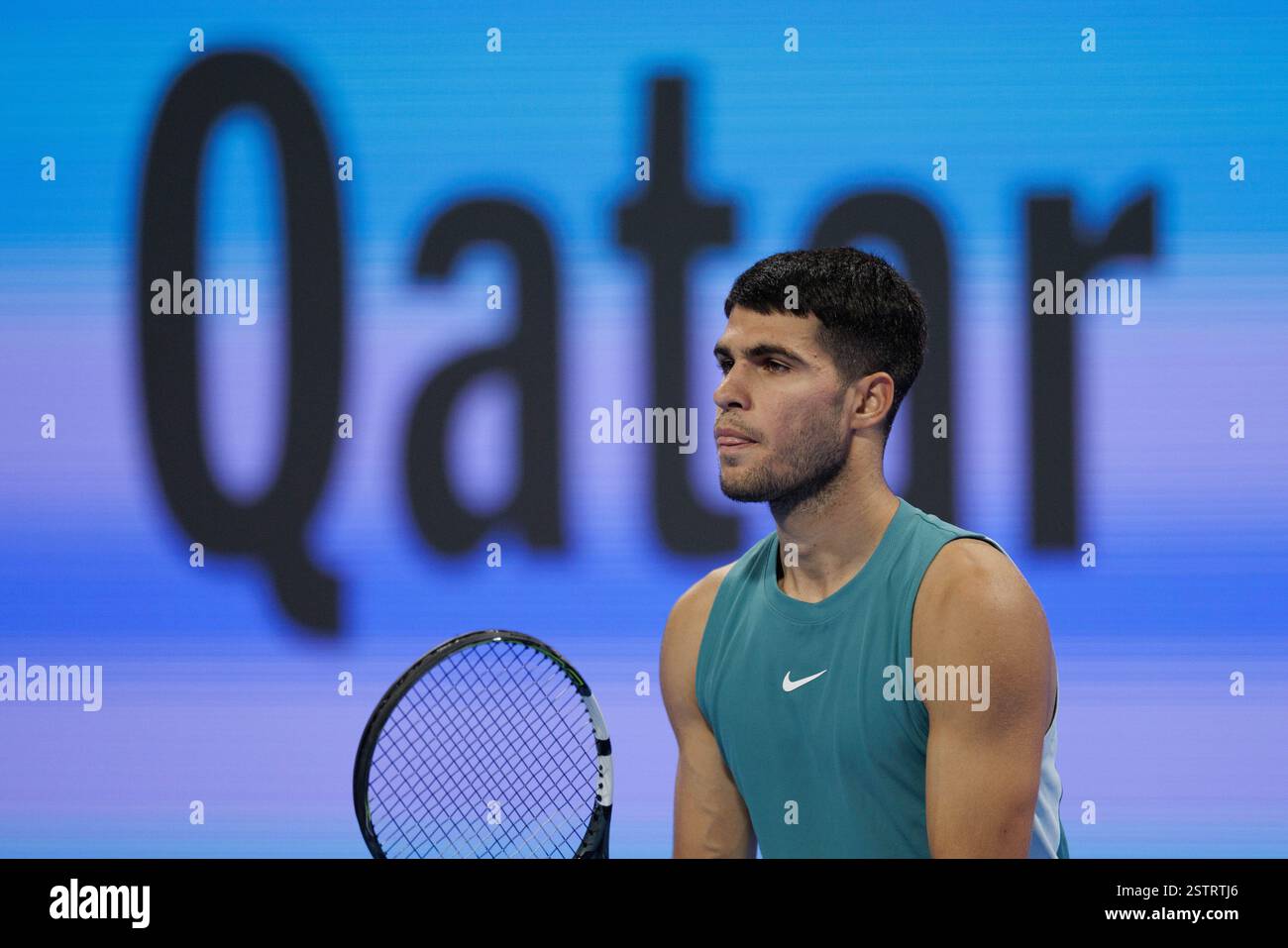 Carlos Alcaraz of Spain during the 2025 Qatar ExxonMobil Open, ATP 500 ...
