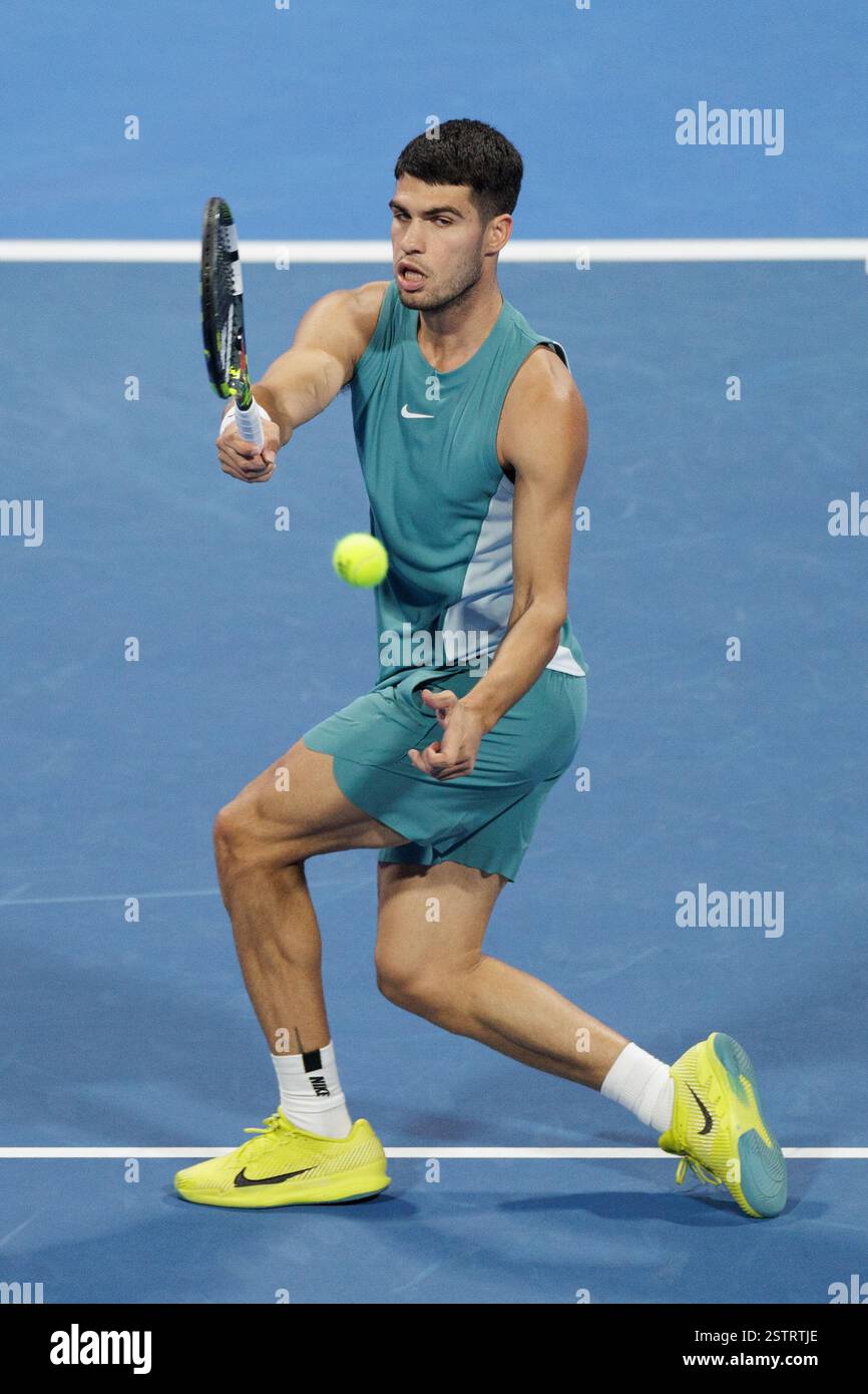 Carlos Alcaraz of Spain during the 2025 Qatar ExxonMobil Open, ATP 500 ...