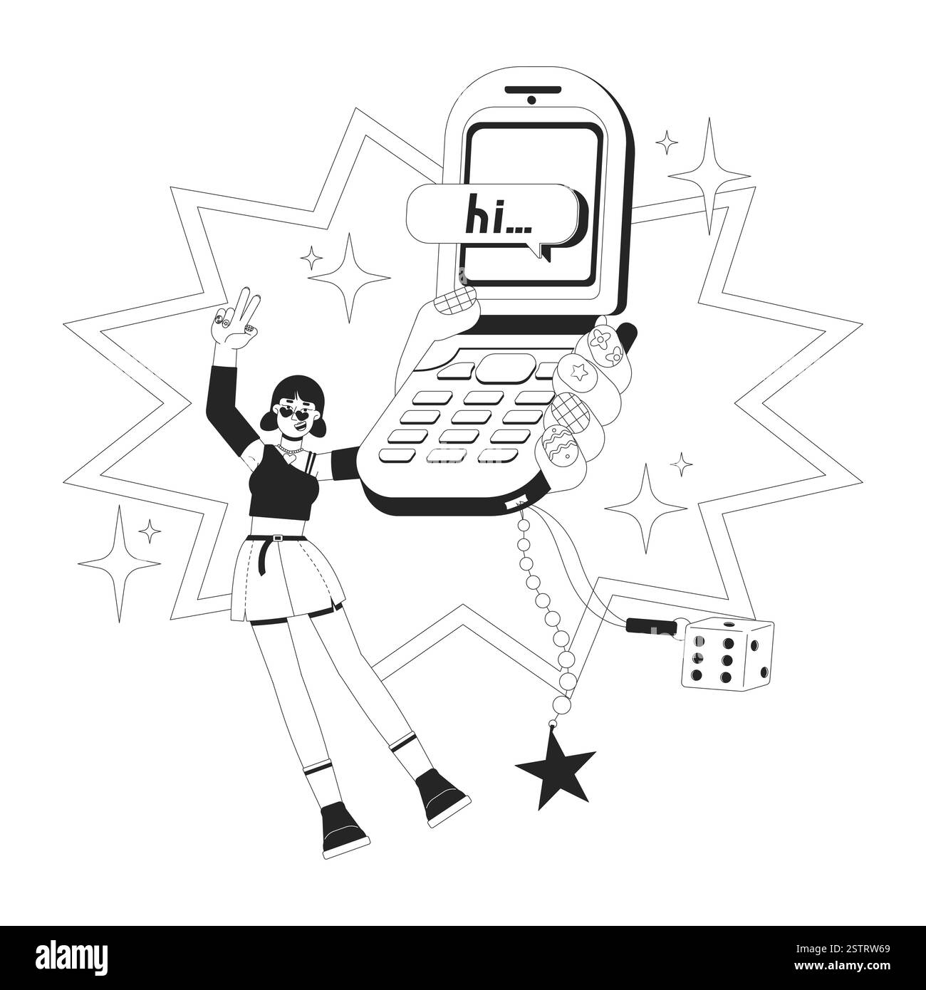 Retro flip phone and 2000s aesthetic black and white 2D illustration ...
