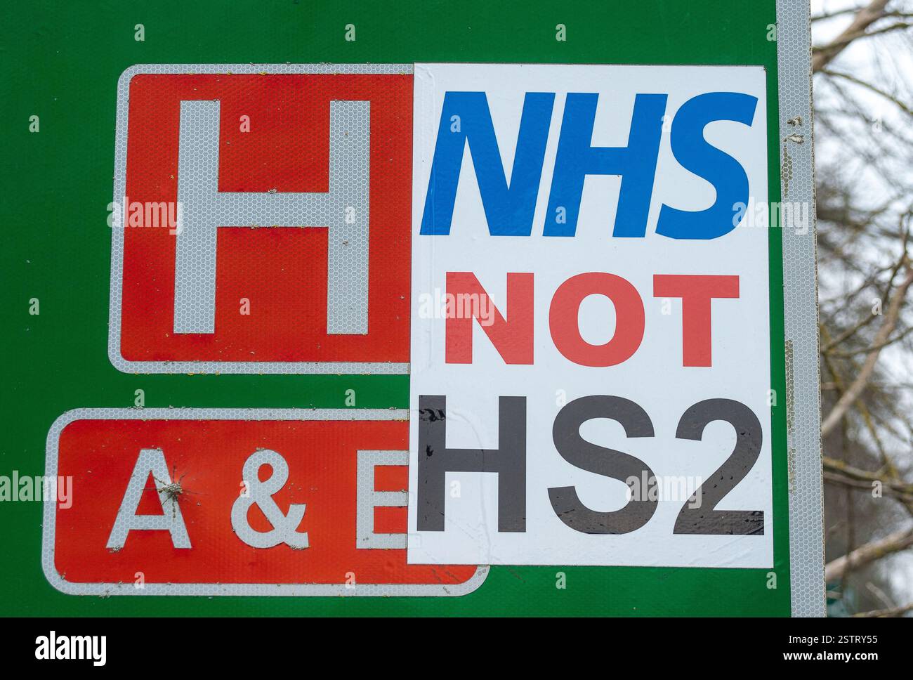 Stoke Mandeville, Buckinghamshire, UKAn NHS not HS2 sign stuck on top ...
