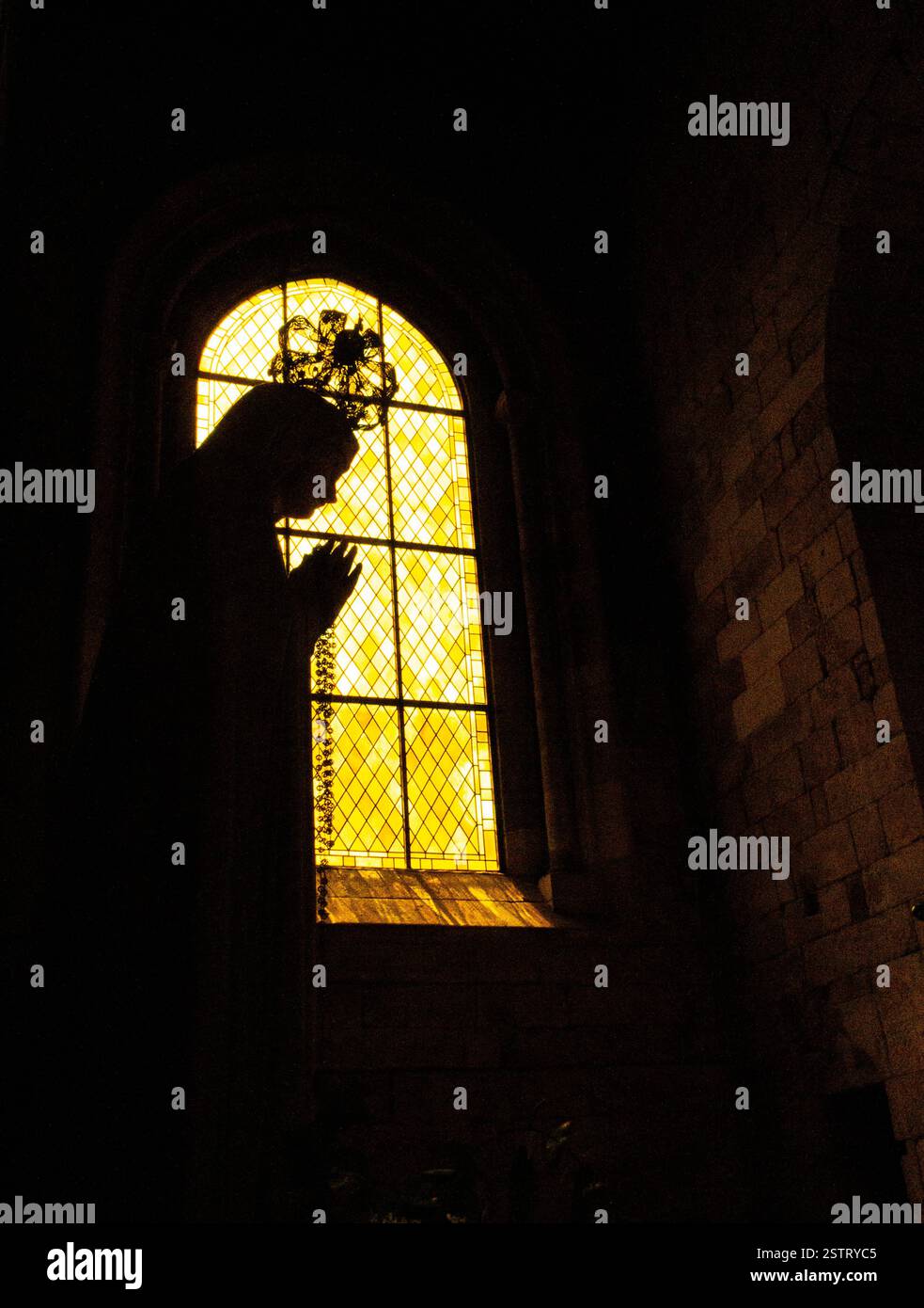 Silhouetted Virgin Mary statue praying with rosary, framed by golden ...