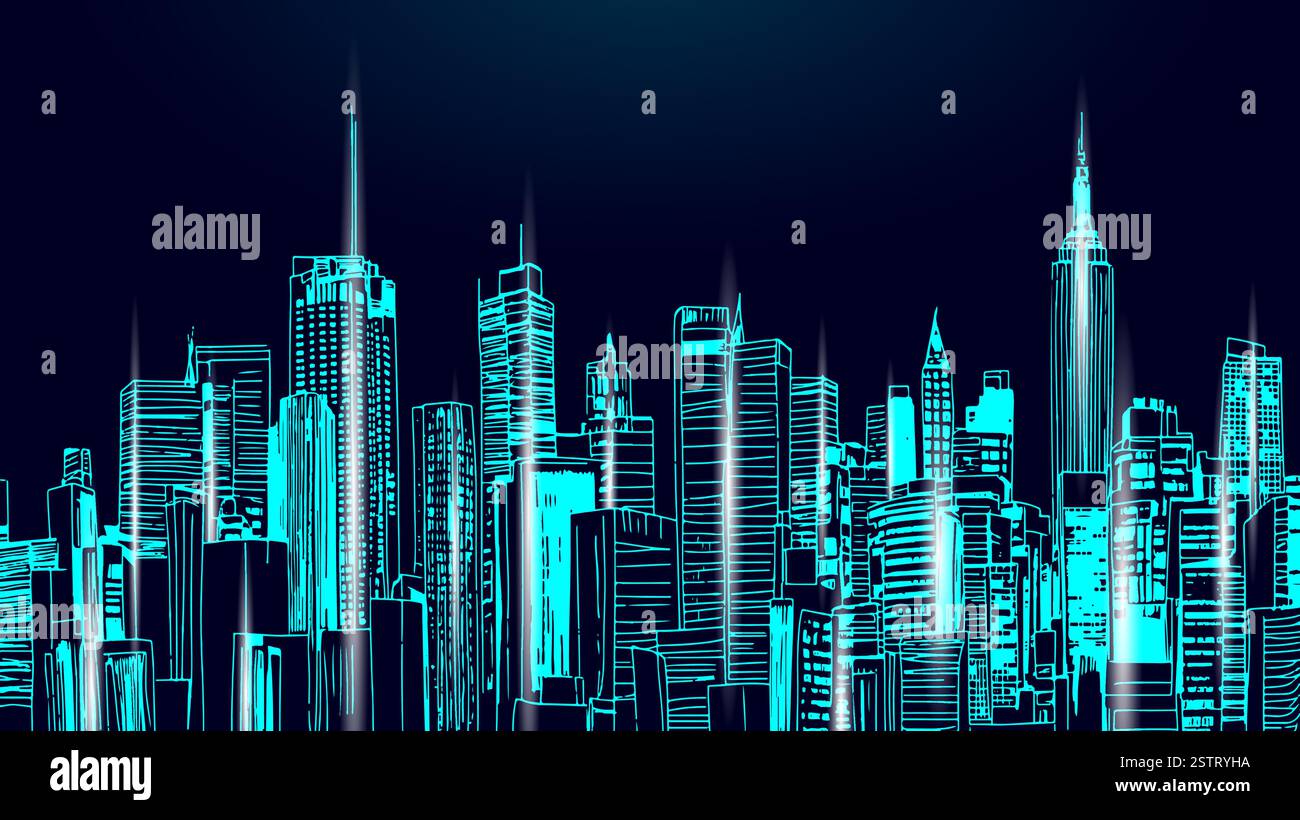 City skyline illustration glows. Skyscrapers dominate urban landscape ...