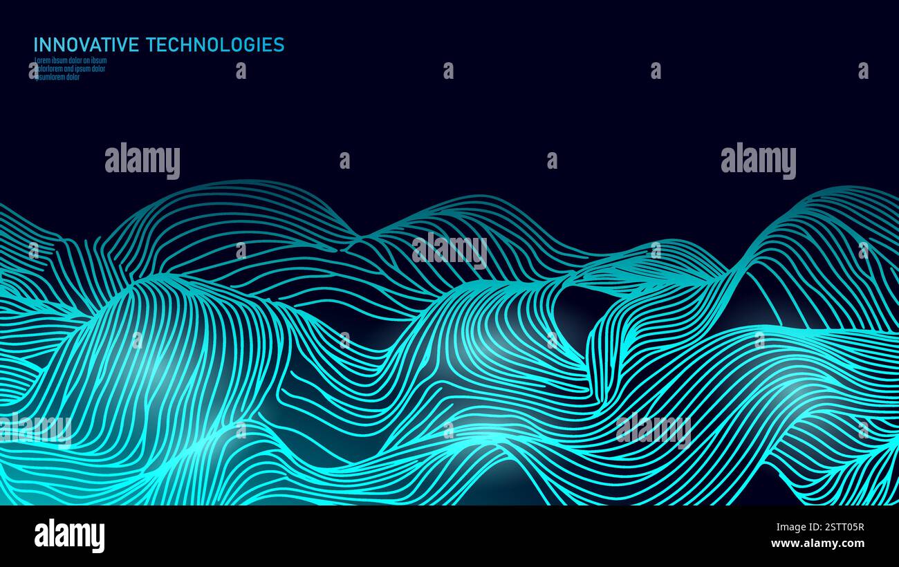 Abstract landscape with wavy lines. Teal lines create flowing, organic ...