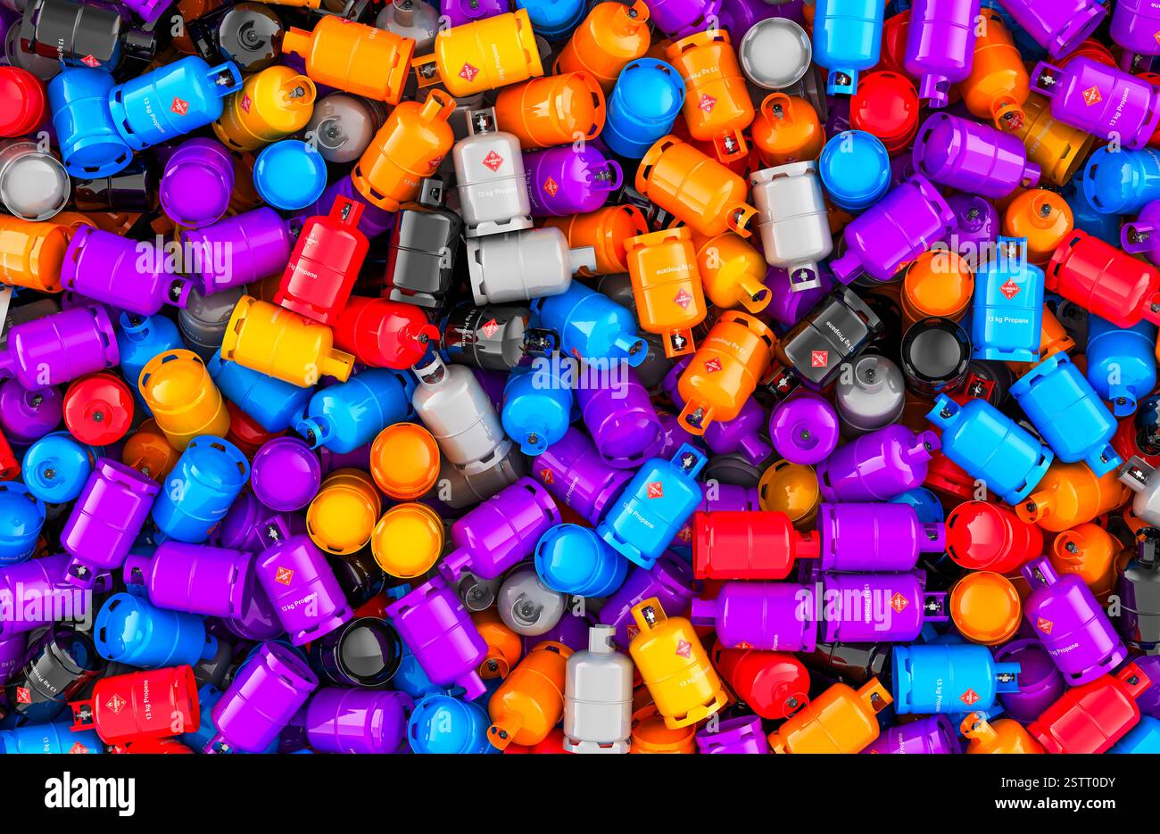 Colored gas cylinders with compressed gas background, wallpaper. 3D ...