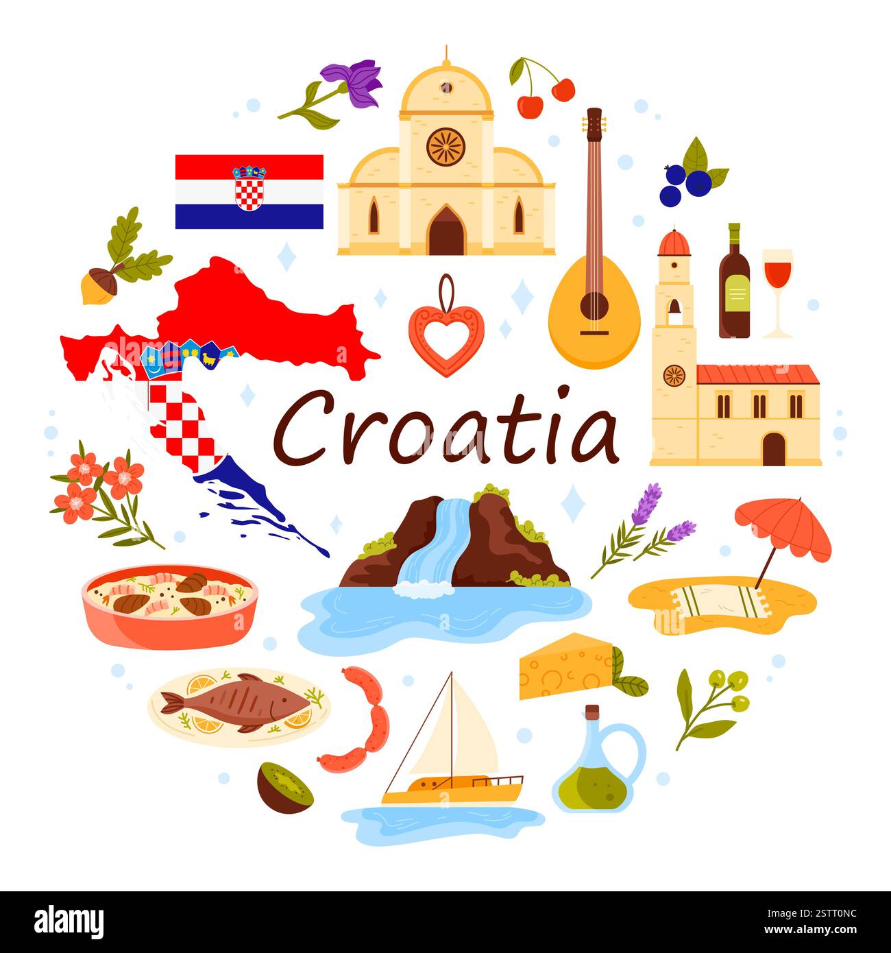 Travel to Croatia set, culture elements and famous landmarks of nature ...
