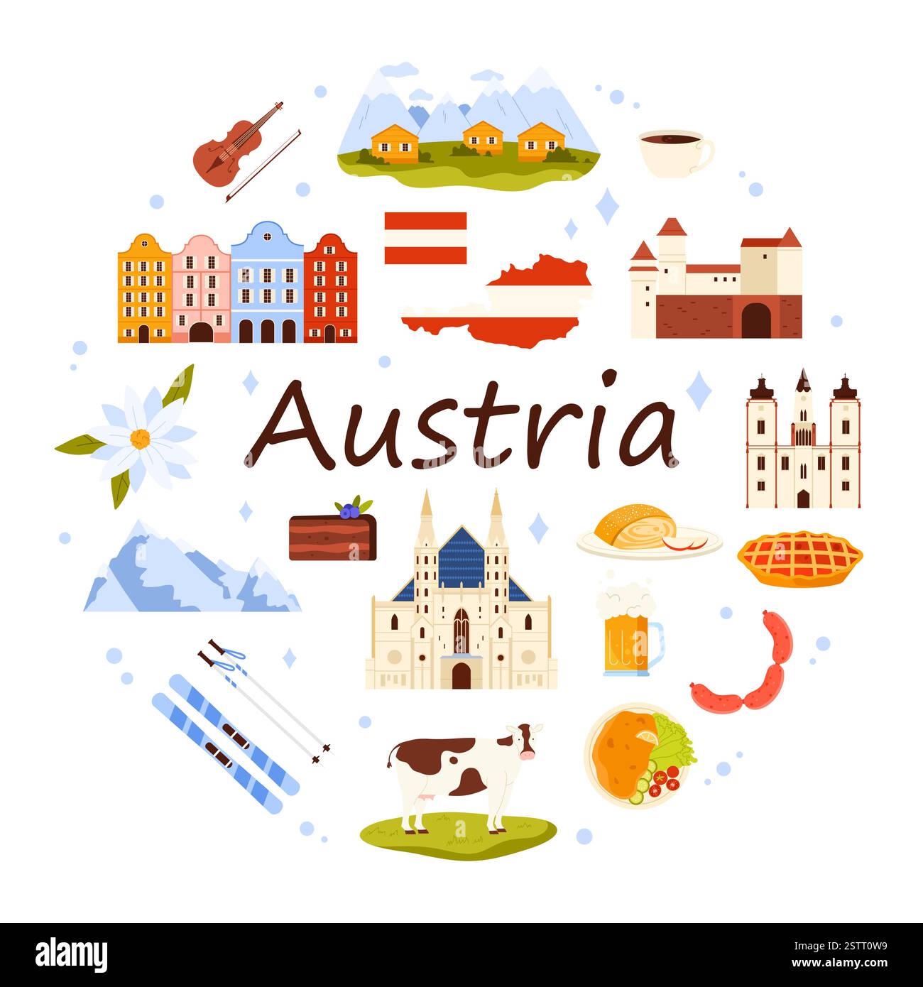 Culture elements and nature landscape, food of Austria, round ...