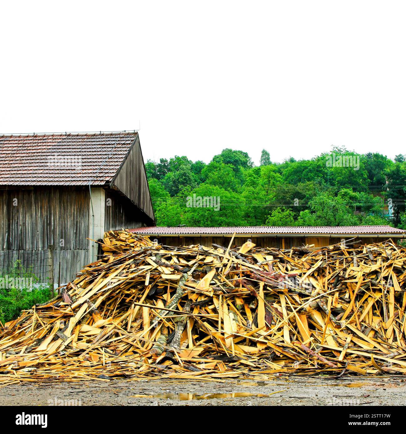 Big pile of timber wood in front of factory hi-res stock photography ...