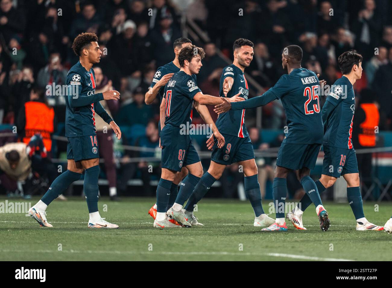Paris, France. 19th Feb, 2025. PSG players celebrating a goal during ...