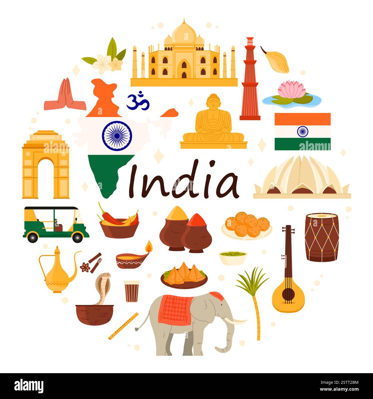Travel to India set, culture elements and landmarks, food in round ...