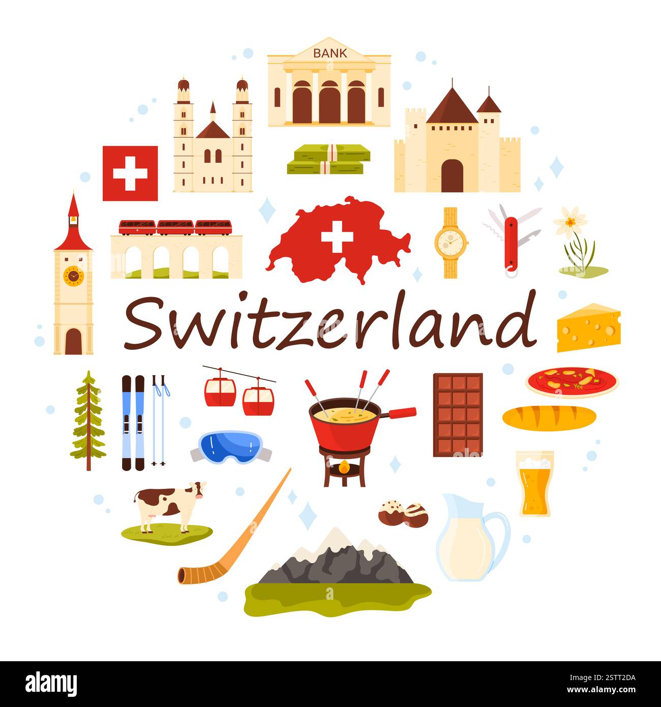 Travel to Switzerland in round banner design. Castle towers and train ...