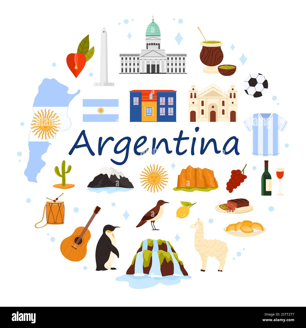 Travel to Argentina, culture elements and nature, flag and map in round ...