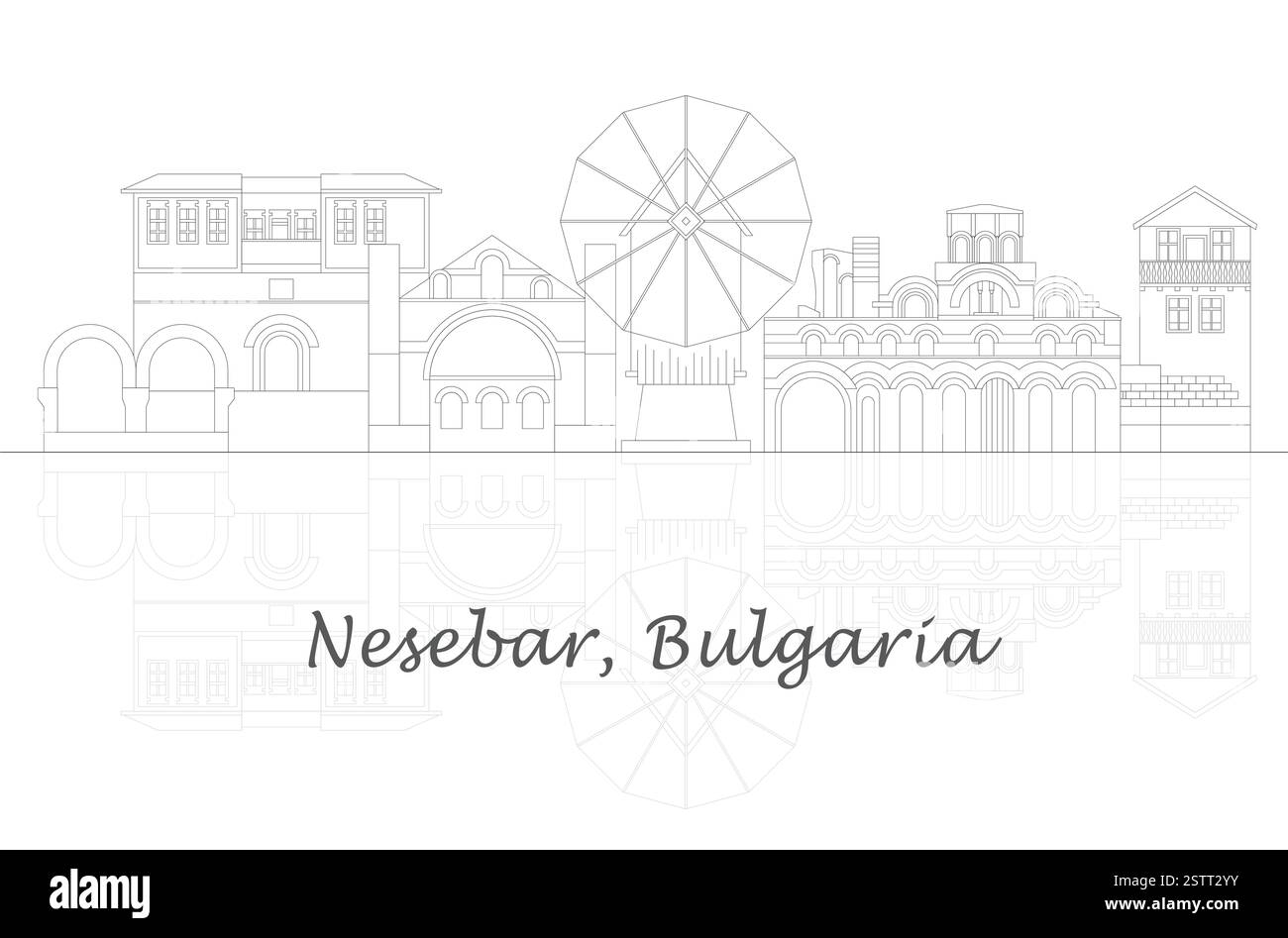 Outline Skyline panorama of town of Nessebar, Bulgaria - vector ...