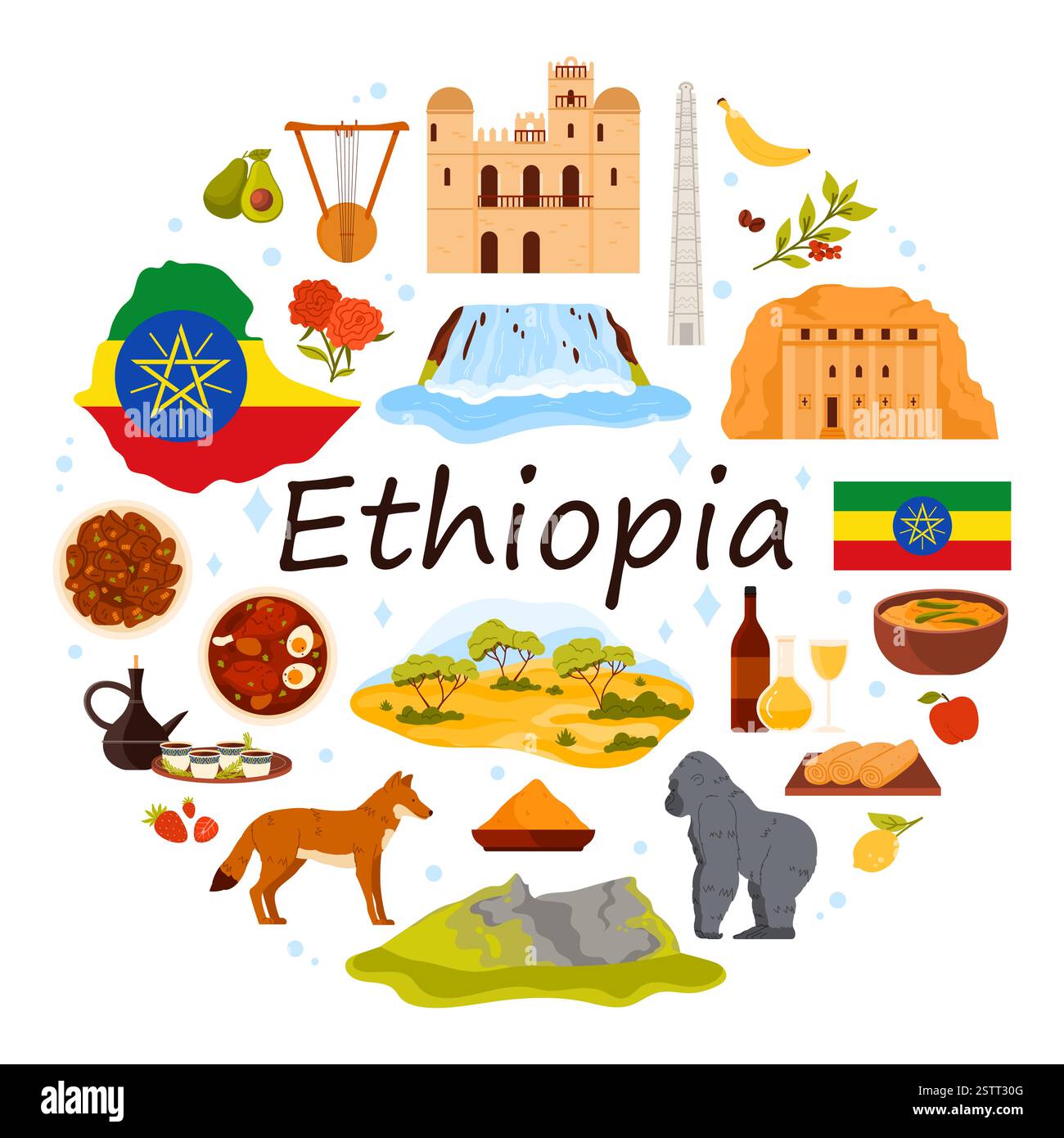 Ethiopian culture elements and landmarks of Ethiopia, coffee, honey ...
