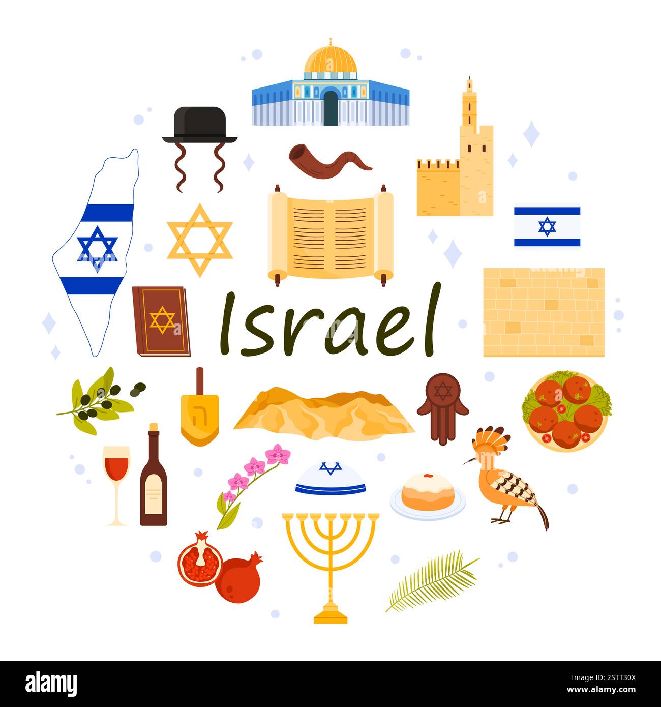 Jewish culture elements and famous landmarks, flag and map of Israel ...