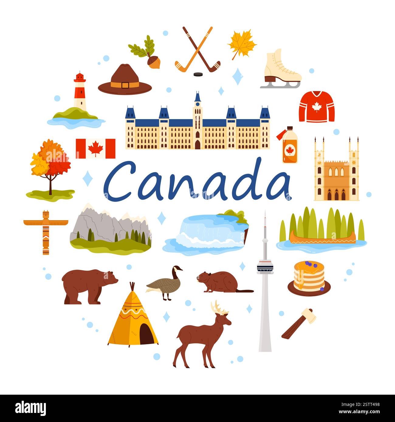 Travel to Canada round banner design. Canada text and culture stickers ...