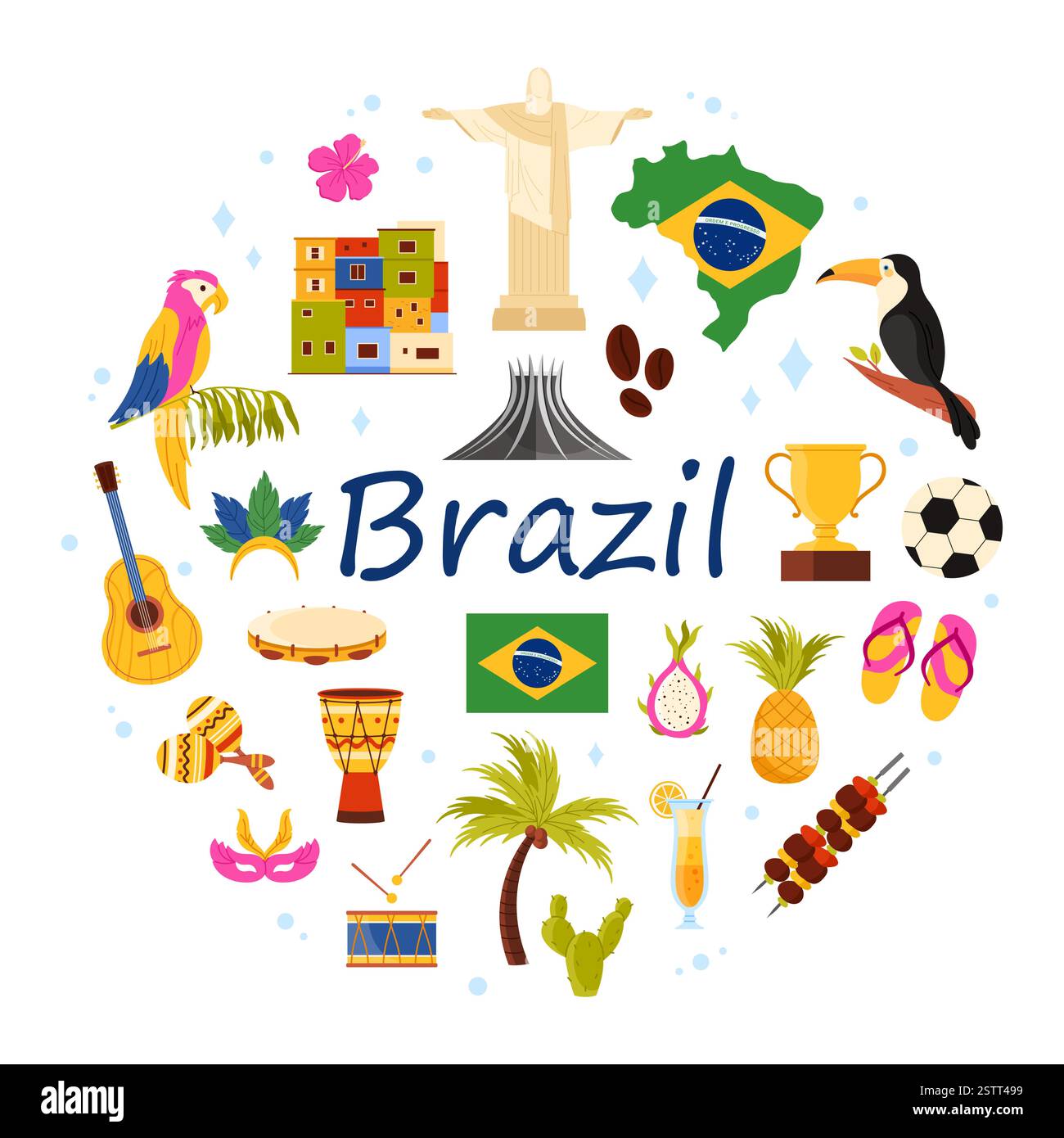Brazilian culture elements and landmarks, flag and map of Brazil ...