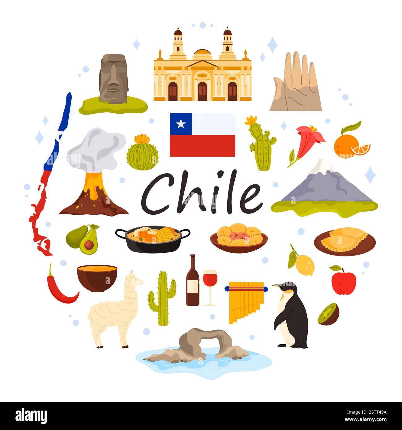 Travel to Chile, culture and landmarks, food in round infographic ...