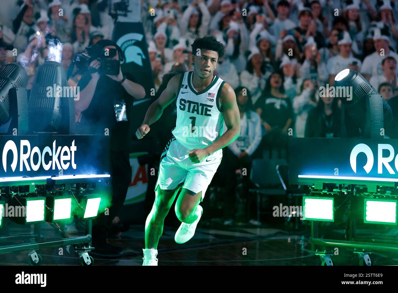 Michigan State guard Jeremy Fears Jr. (1) is introduced before an NCAA ...