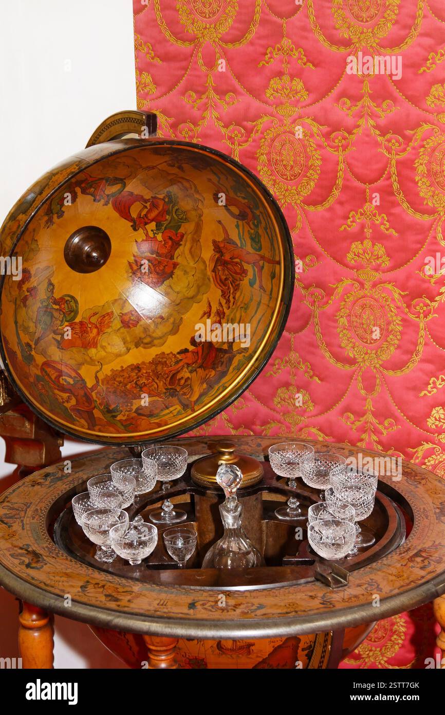 Old wooden globe bar with crystal glass set Stock Photo - Alamy