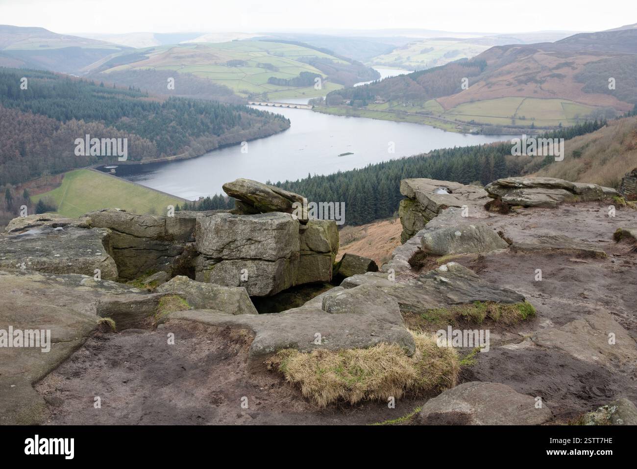 Scenic view from Bamford Edge showing Lady Bower reservoir and the ...