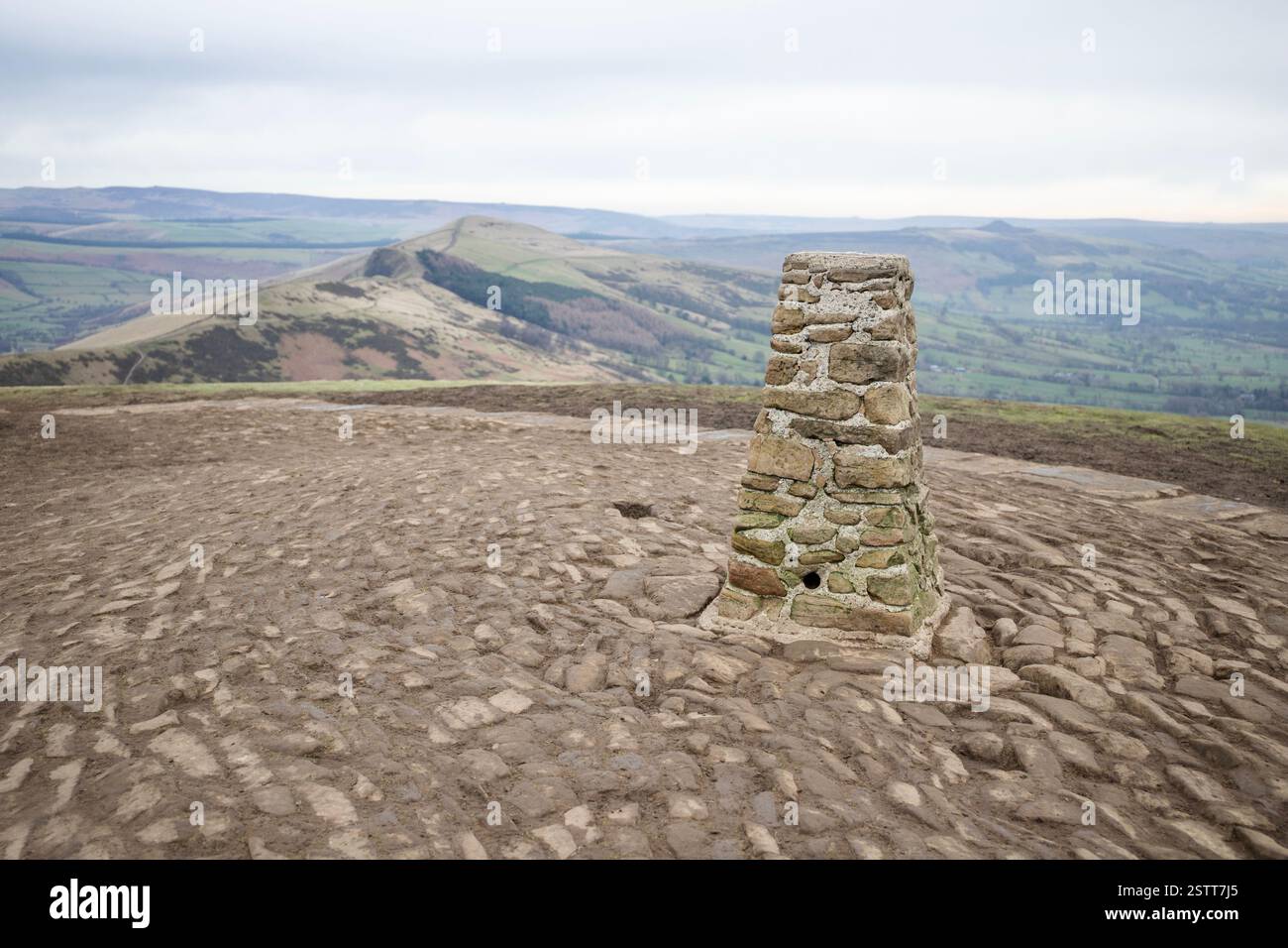 A view of the distinct Mam Tor mountain range in the Peak District of ...