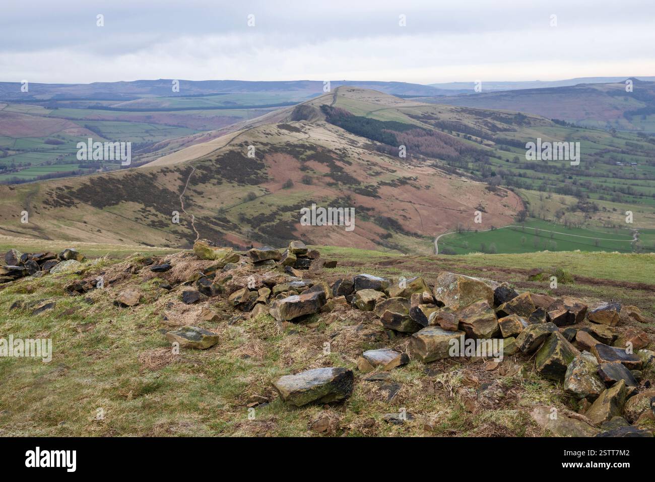 A view of the distinct Mam Tor mountain range in the Peak District of ...