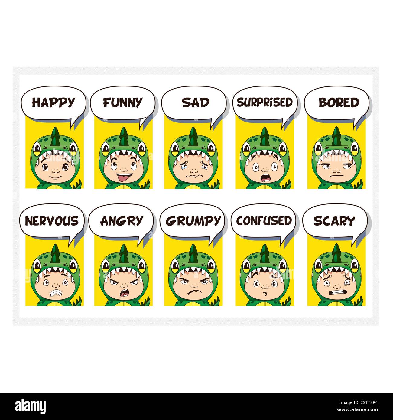 Colorful cartoon illustration of diverse facial expressions for kids to learn emotions Stock ...