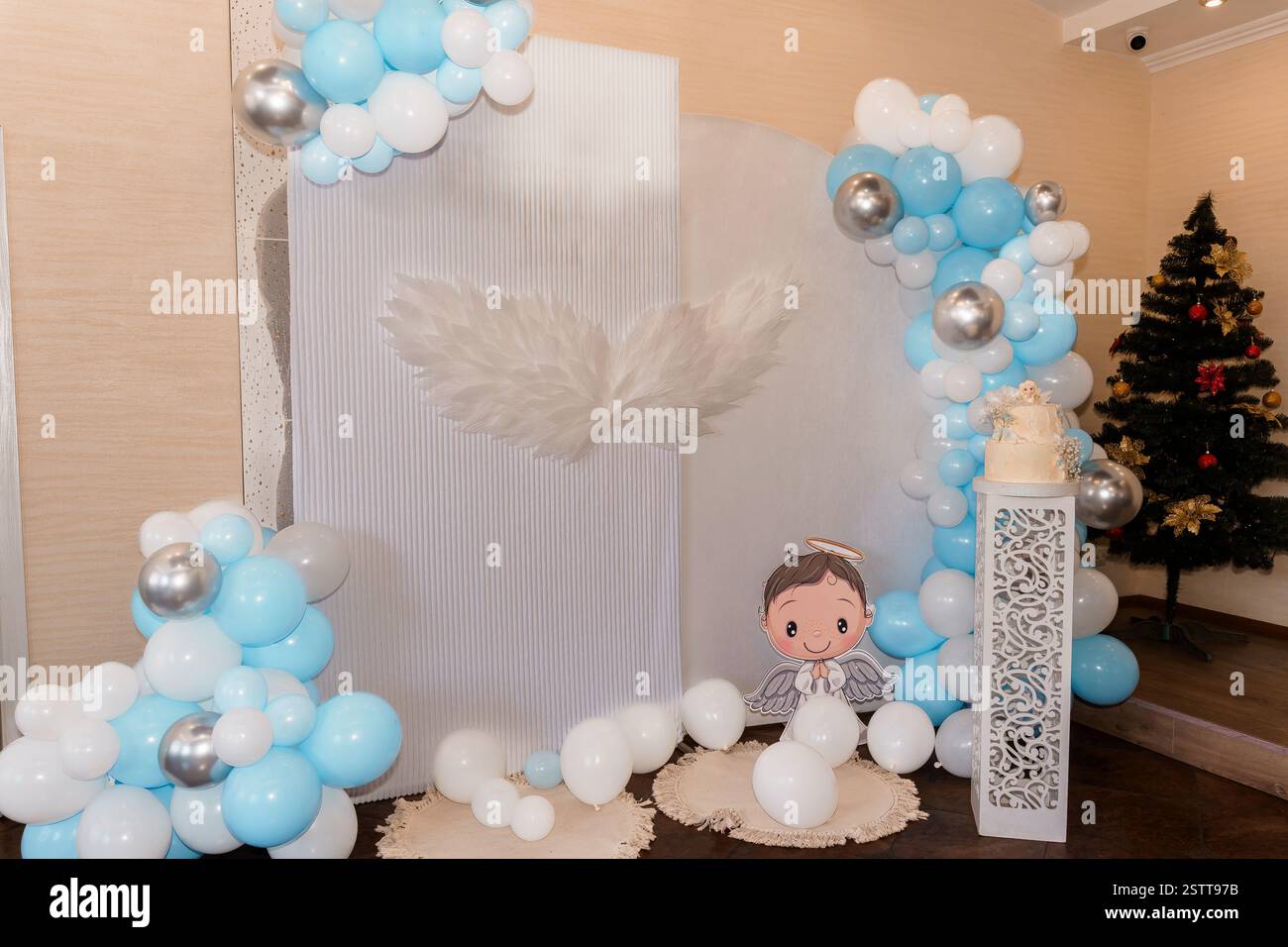 Charming Angelic Themed Party Decor with Balloons and Cake Stock Photo ...