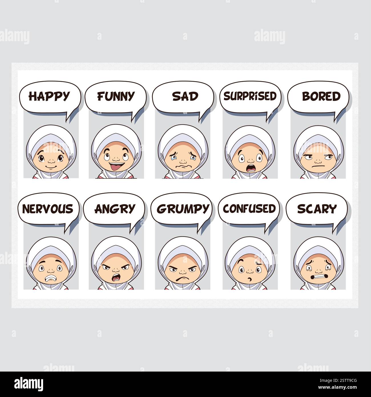 Cartoon illustrations of various facial expressions for emotional ...