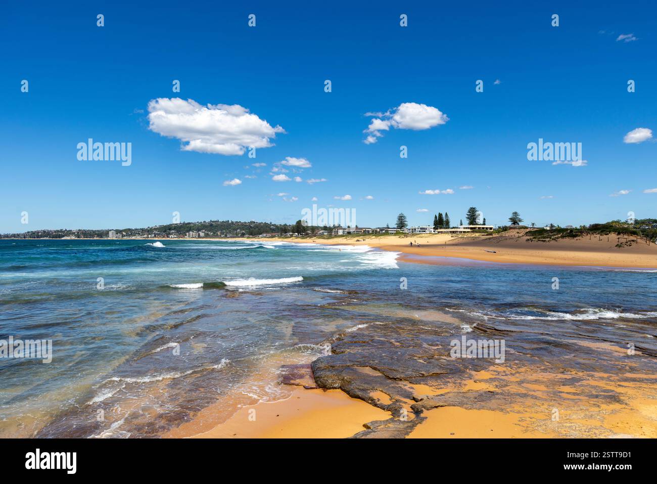 Narrabeen beach on Sydney's east coast on blue sky summers day, views ...