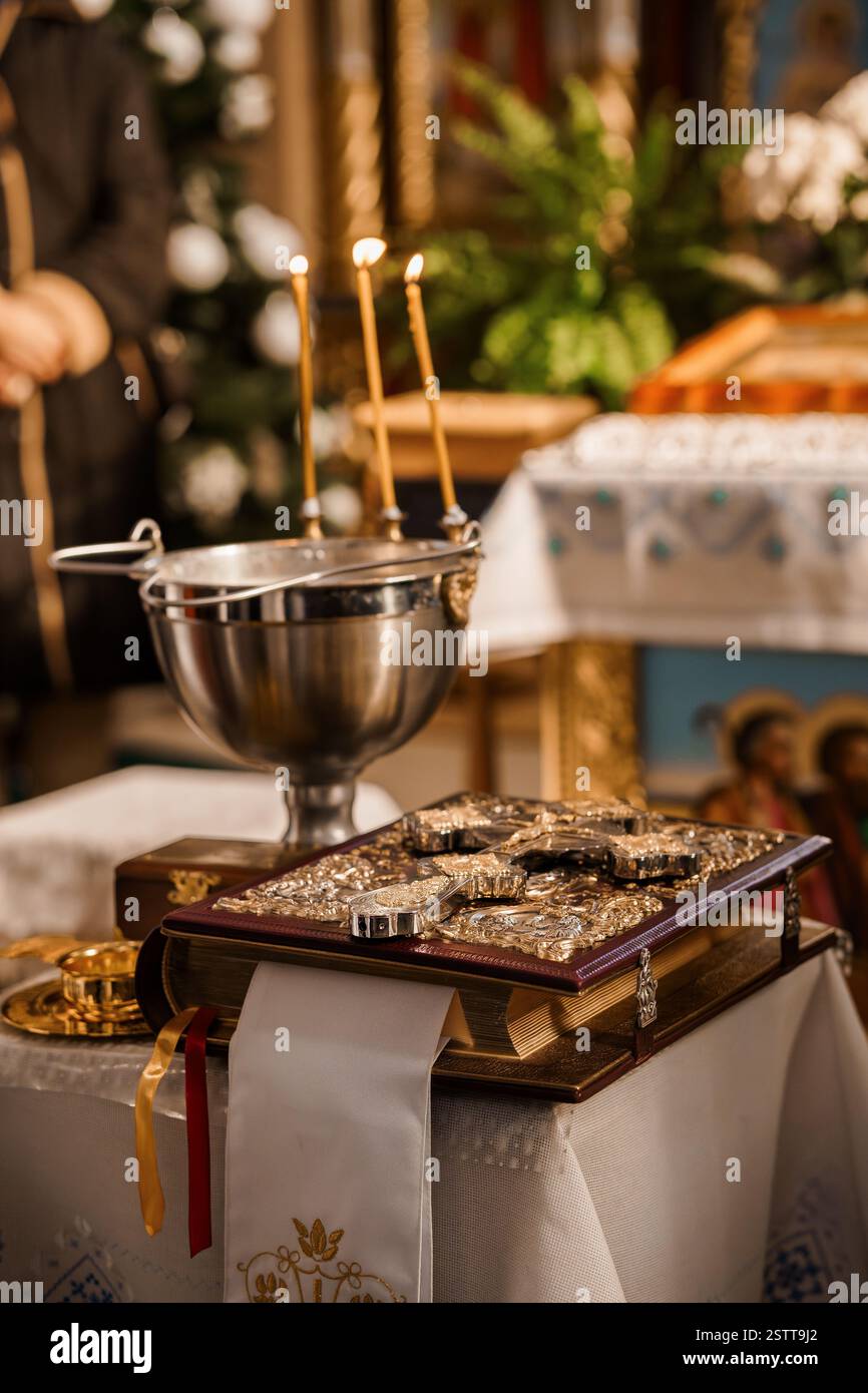 Religious Ceremony Setting with Lit Candles and Holy Texts Stock Photo ...