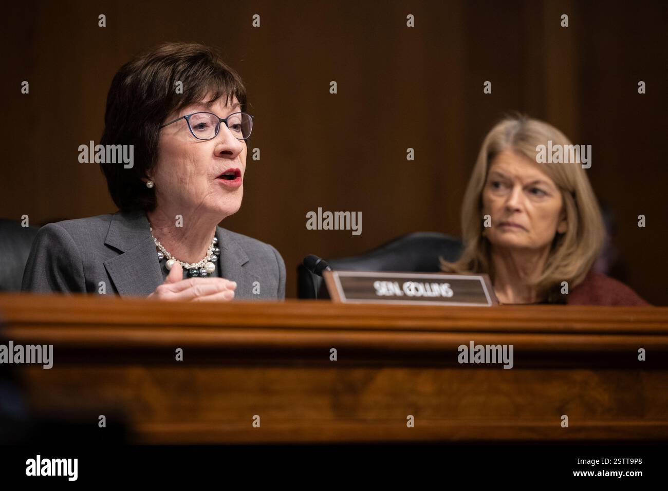 Sens. Susan Collins (R-Maine) and Lisa Murkowski (R-Alaska) are seen ...