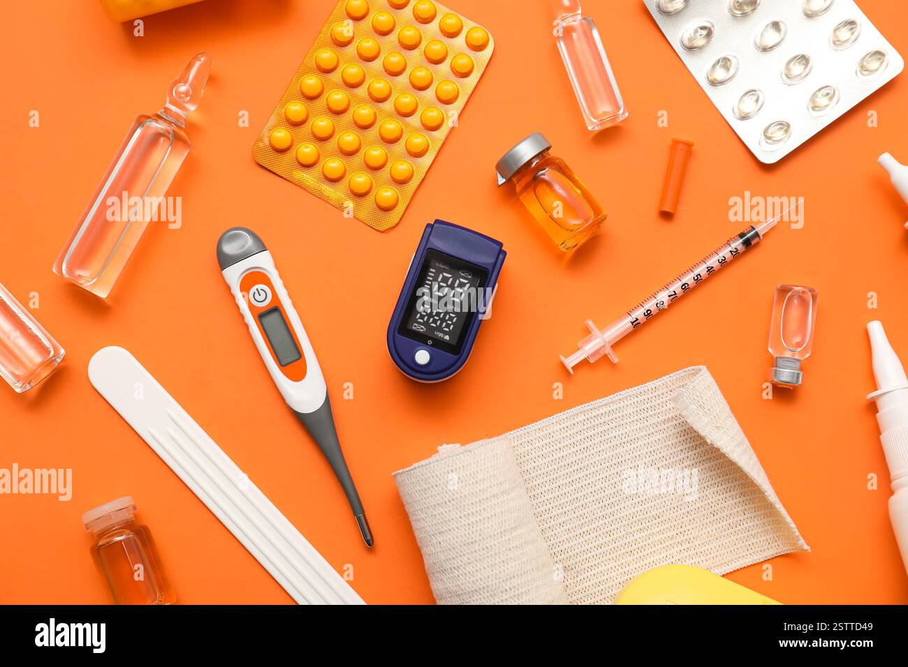 Composition with pulse oximeter, thermometer, bandage and medicines on ...
