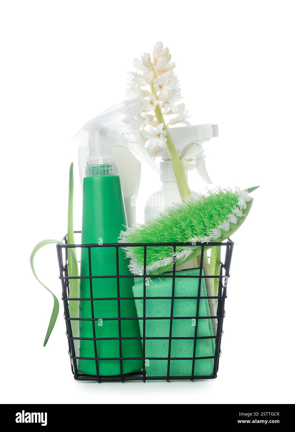 Basket with bottles of detergents, cleaning tools and hyacinth flower ...